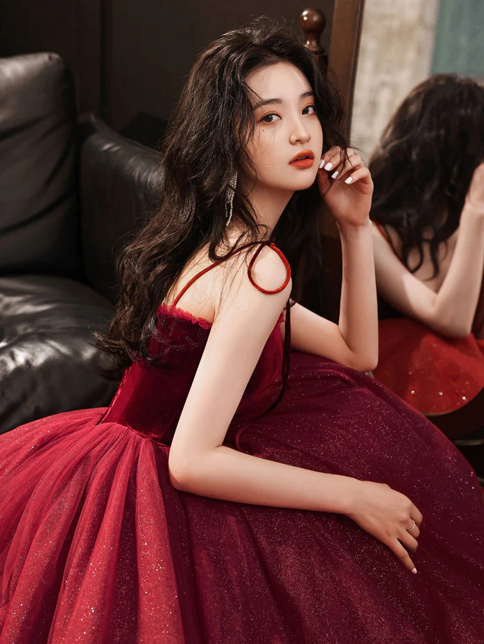 Cute Wine Red Velvet and Tulle Homecoming Dress, Wine Red Straps Party ...