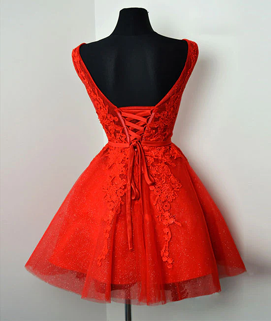 Red Lace Round Neckline Short Party Dress, Red Short Homecoming Dress ...