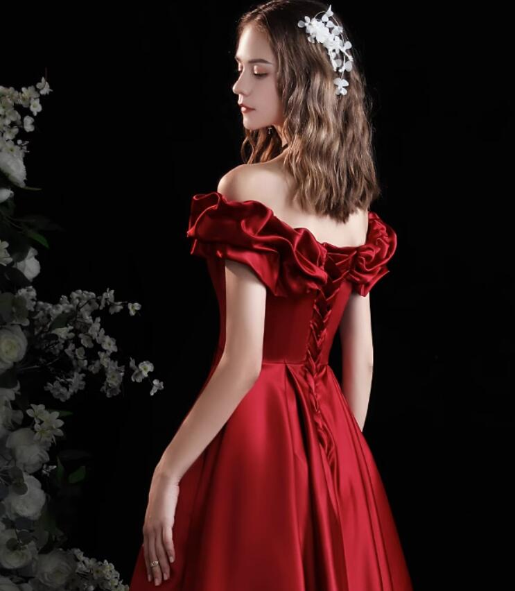 Wine Red Satin Simple Off Shoulder Party Dress, Wine Red Long Prom Dre ...