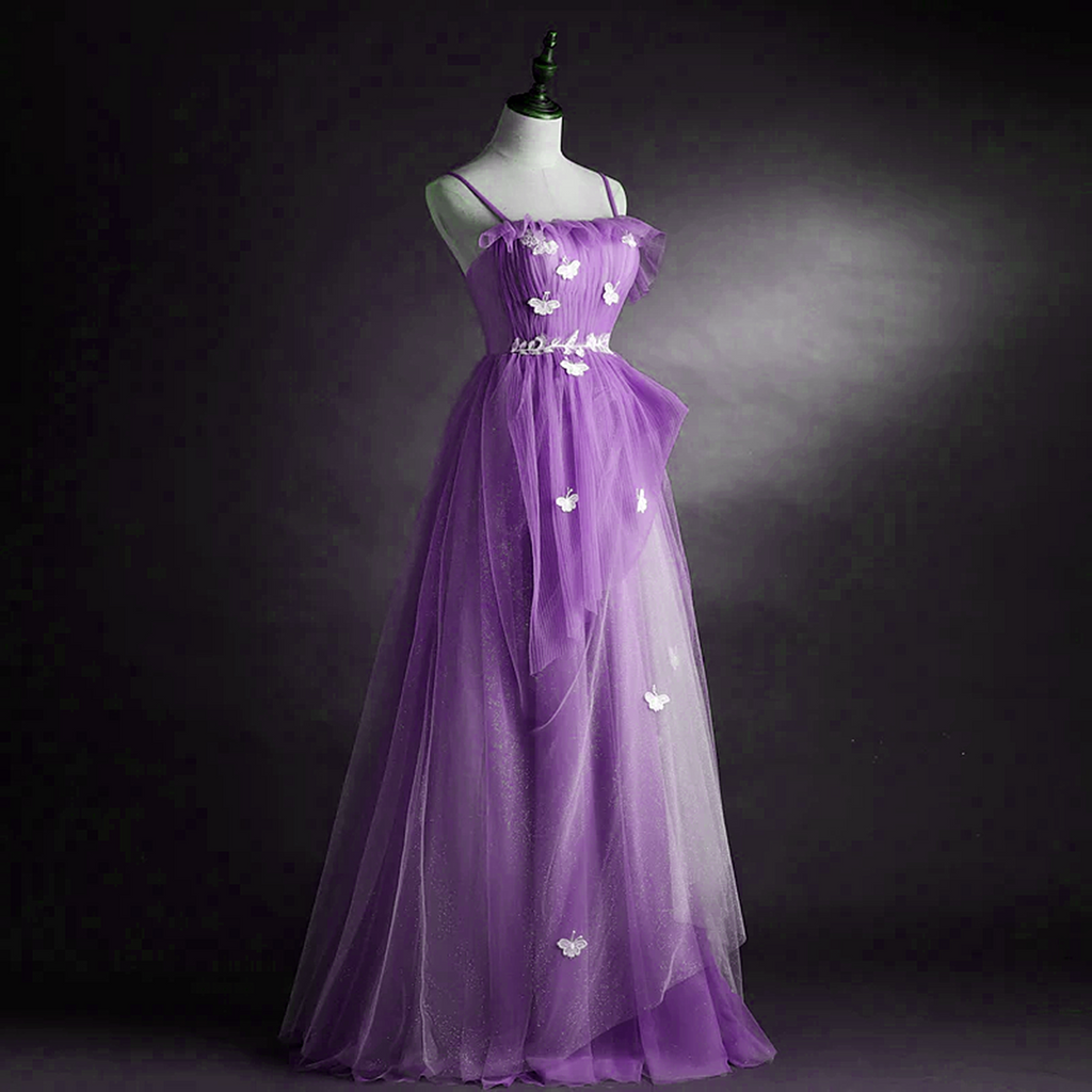 Purple Tulle A-line Straps Long Formal Dress, Purple Floor Length Prom ...