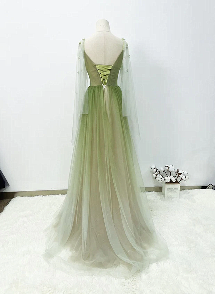 A-line Green Gradient Tulle Long Sleeves Party Dress, V-neckline Green ...