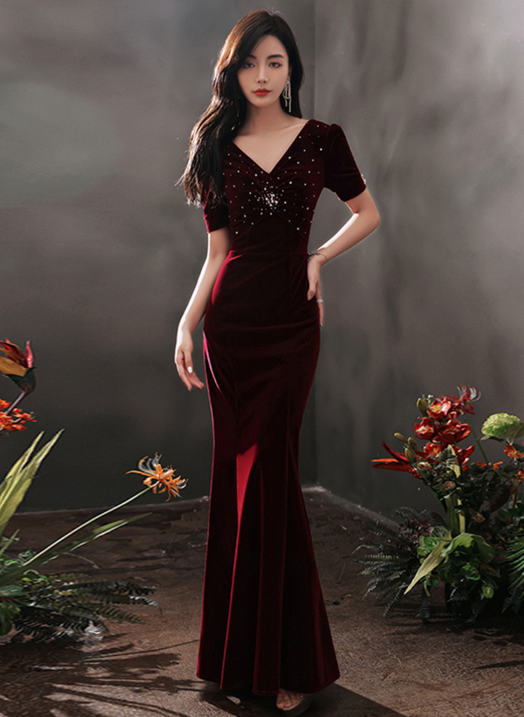 Wine Red Velvet Beaded Short Sleeves Long Party Dress, Wine Red Mermai ...