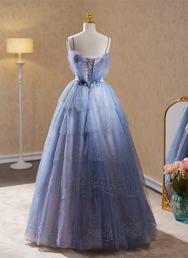 Blue Straps Beaded V-neckline Party Dress, Blue Tulle Formal Dress Eve ...