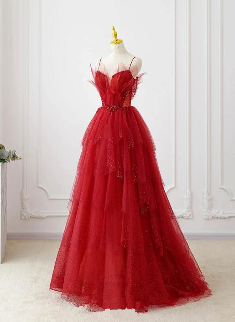 A-line Tulle Layers Beaded Straps Long Party Dress, Tulle Prom Dress E ...