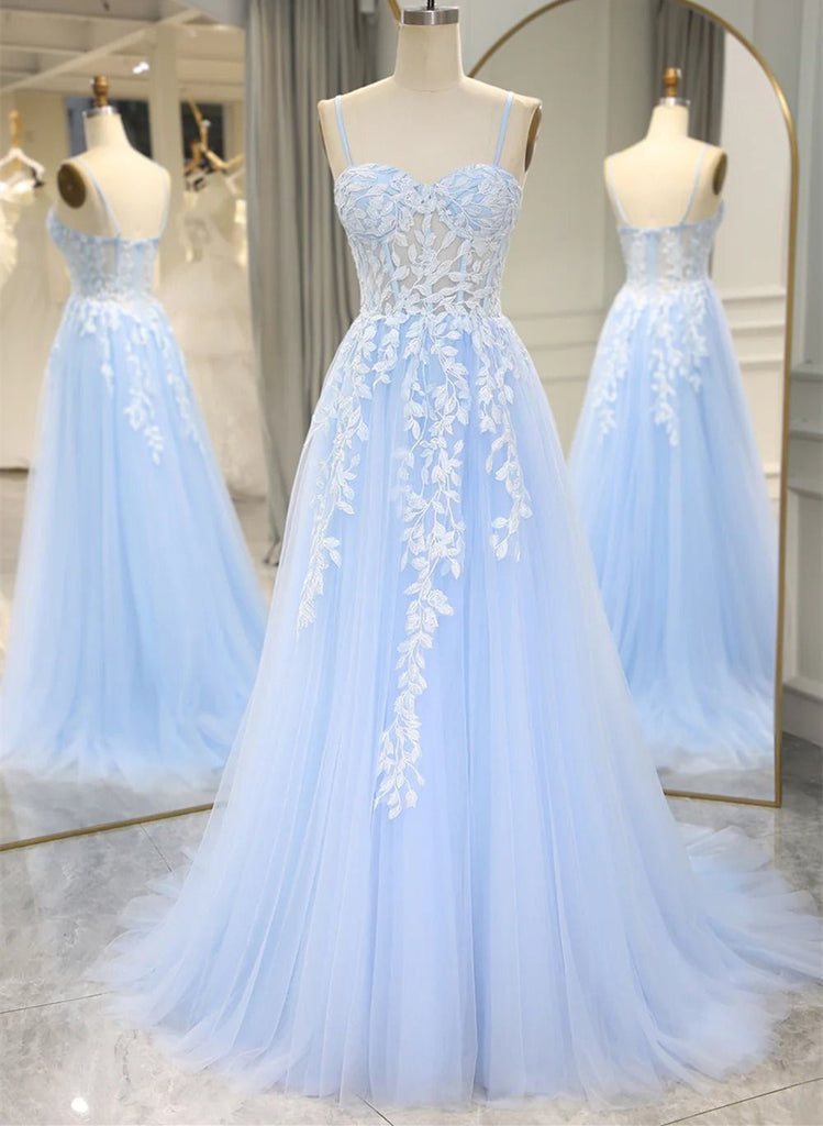 A-line Tulle Blue with Lace Sweetheart Straps Party Dress, Blue Formal ...