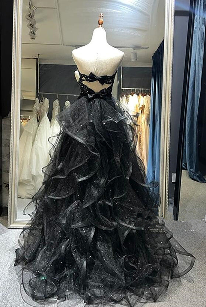 Black Sweetheart Tulle Layers Long Formal Dress, Black Tulle Prom Dres ...
