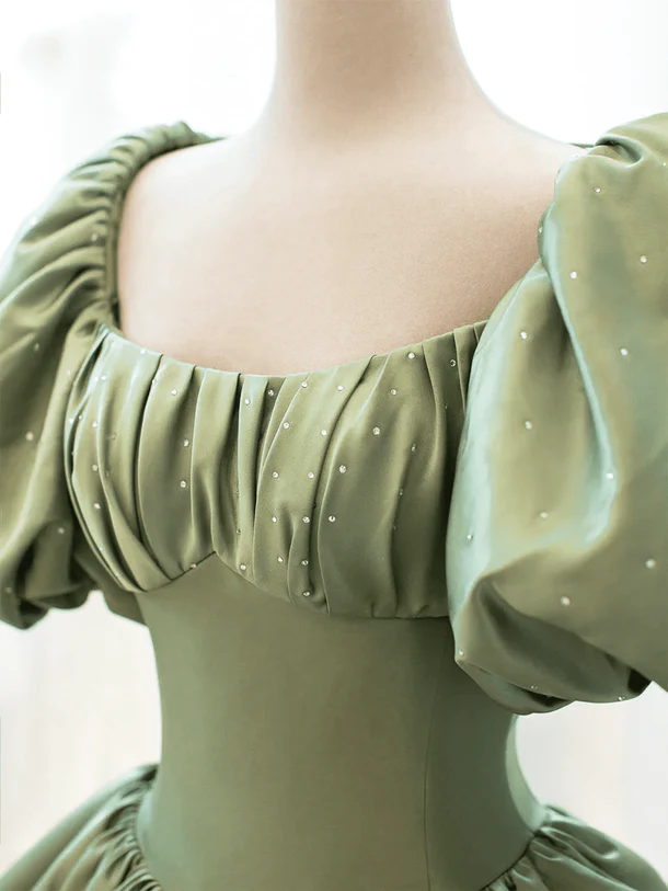 Green Satin A-line Beaded Long Party Dress, Green Evening Dress Prom D ...