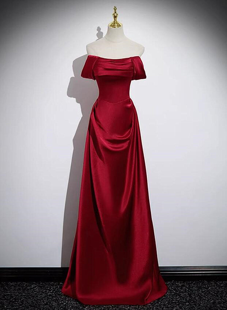A-line Sleeveless Wine Red Satin Evening Dress, Wine Red Long Prom Dre ...