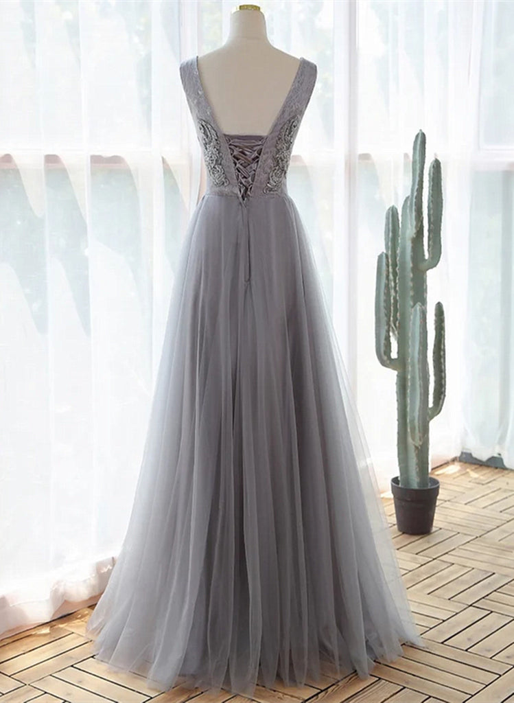 A-line Grey Tulle V-neckline Long Party Dress with Lace, Grey Bridesma ...