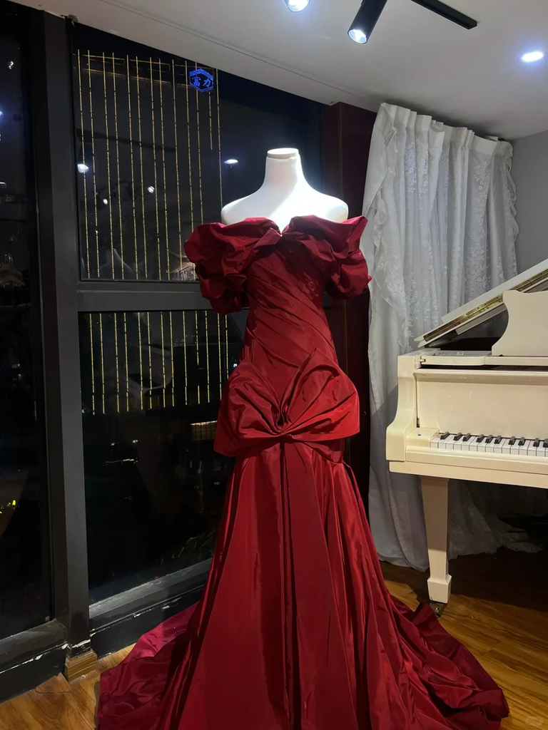 Burgundy Off Shoulder Taffeta Prom Gown ,Vintage Ruffle Mermaid Gown w ...