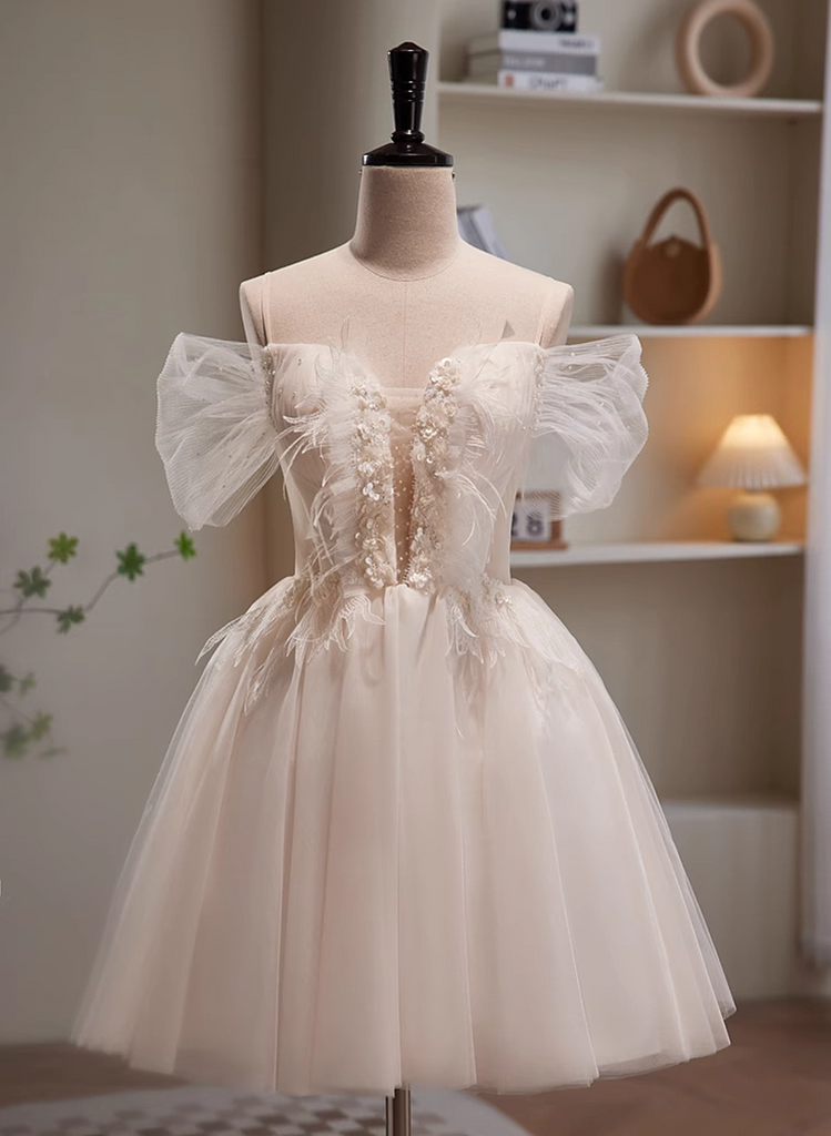 Cute Ivory Beaded Off Shoulder Short Party Dress, Tulle Graduation Dre ...