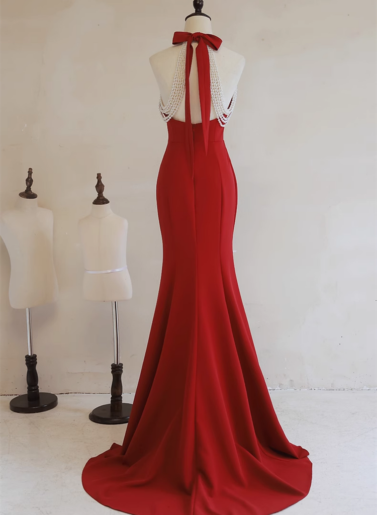 Red Mermaid Halter Long Evening Dress, Red Backless Formal Dress Prom ...