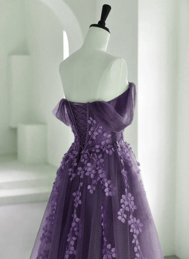 Purple A-line Tulle with Lace Long Formal Dress, Purple Prom Dress Eve ...