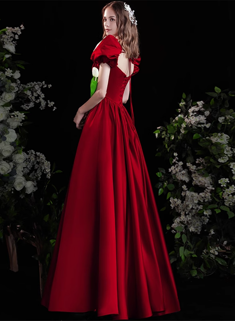 Wine Red Short Sleeves Scoop Long Party Dress, Wine Red Satin Prom Dre ...