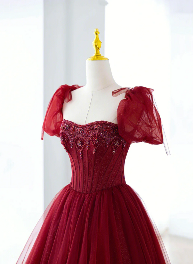 Wine Red Tulle A-line Beaded Long Formal Dress, Wine Red Tulle Prom Dr ...