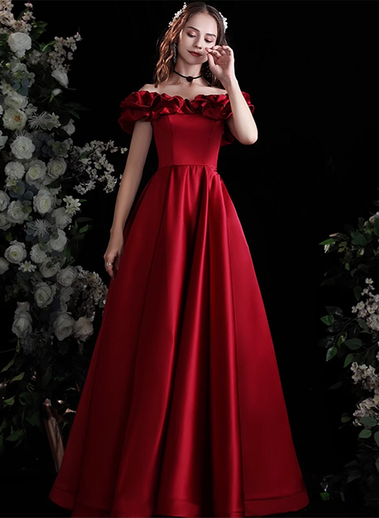 Wine Red Satin Simple Off Shoulder Party Dress, Wine Red Long Prom Dre ...