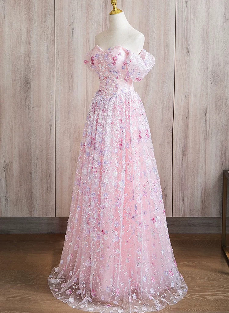 Pink Lace A-line Sweetheart Off Shoulder Simple Prom Dress, Pink Lace ...