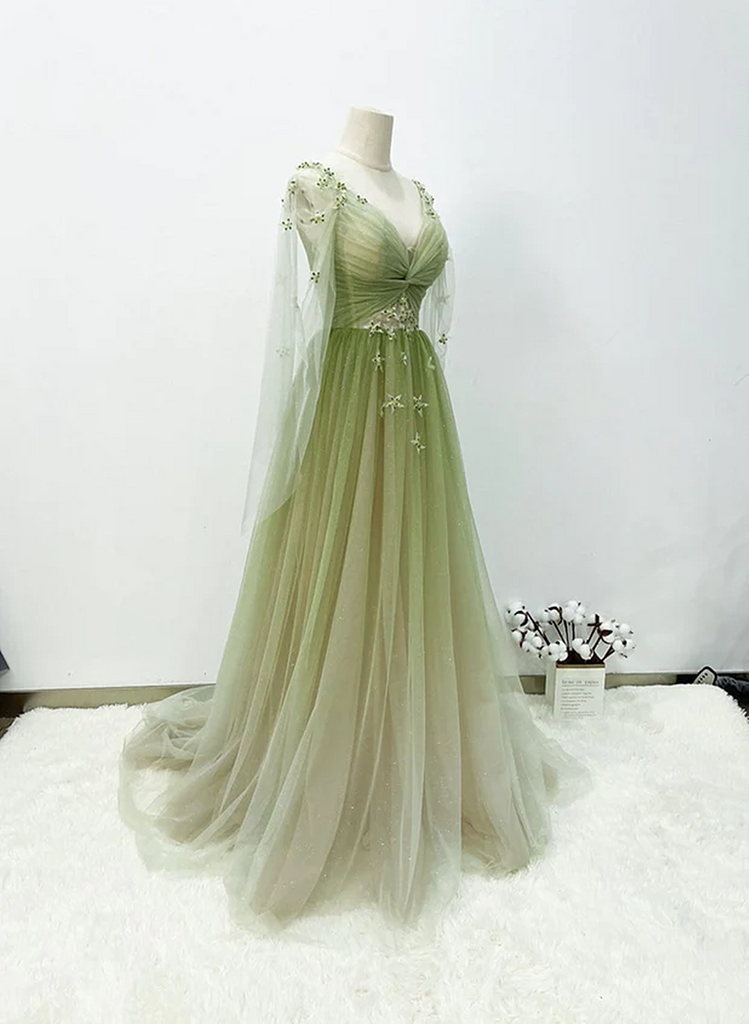 A-line Green Gradient Tulle Long Sleeves Party Dress, V-neckline Green ...