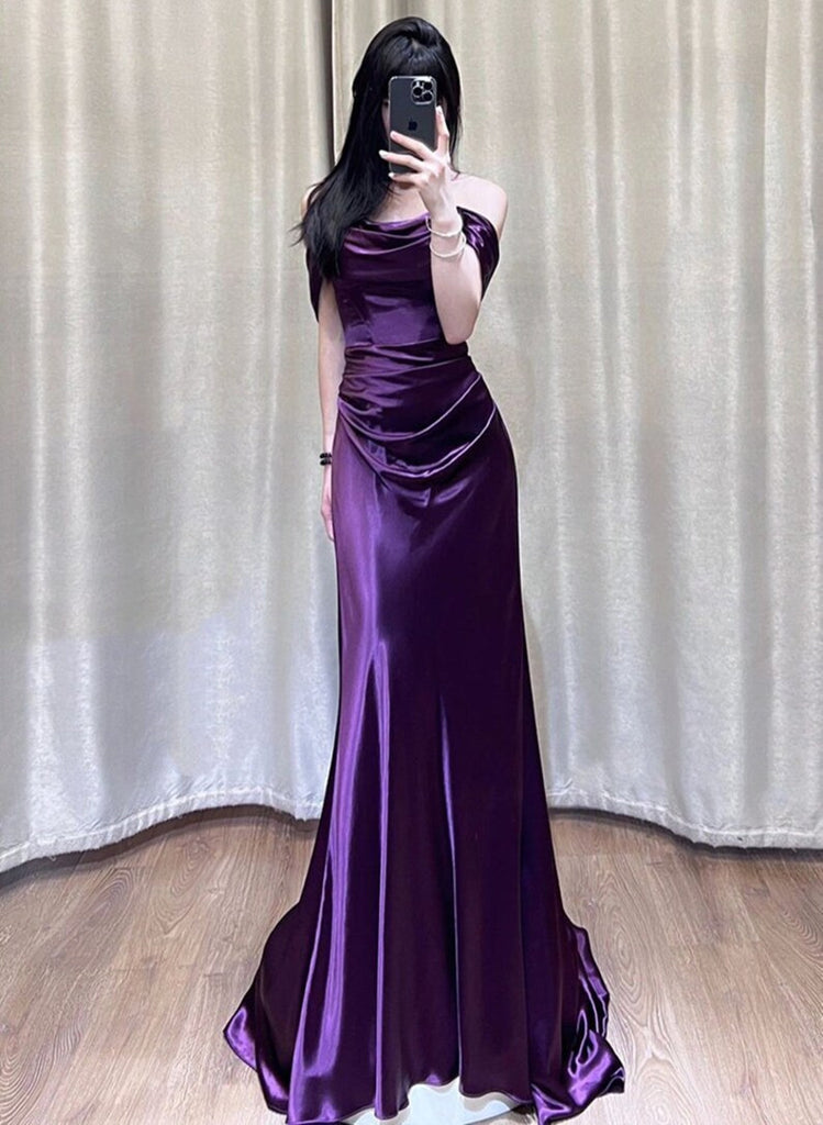 Purple Satin Off Shoulder Long Evening Dress, Purple Satin Prom Dress ...