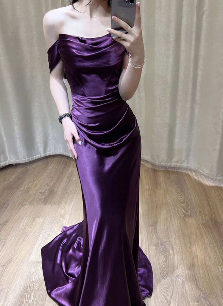 Purple Satin Off Shoulder Long Evening Dress, Purple Satin Prom Dress ...