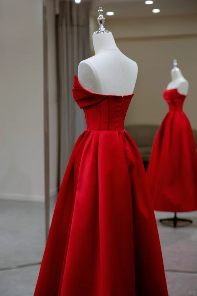 Red Satin A-line Long Evening Dress Prom Dress, Red Satin Wedding Part ...