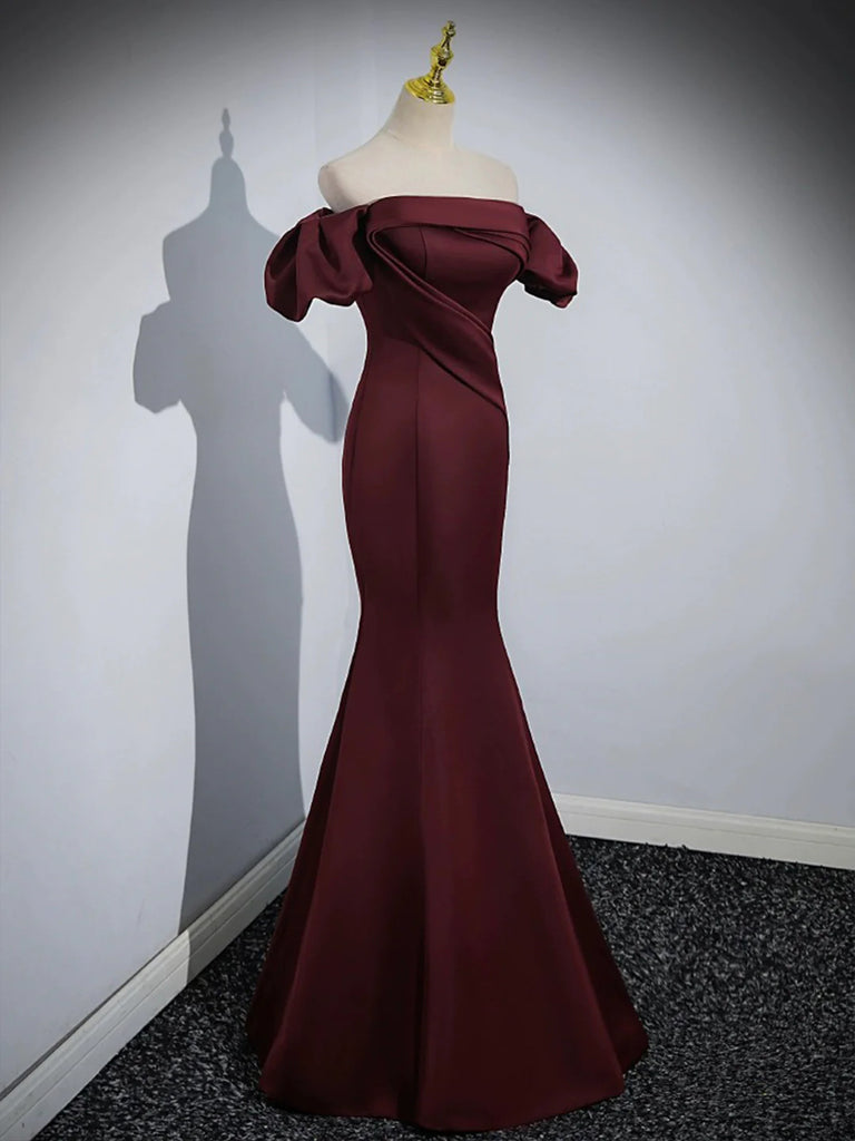 Charming Maroon Satin Mermaid Off Shoulder Prom Dress, Maroon Party Dr ...
