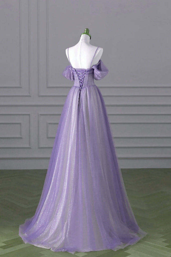 A-line Light Purple Tulle Beaded Long Party Dress, Light Purple Prom D ...
