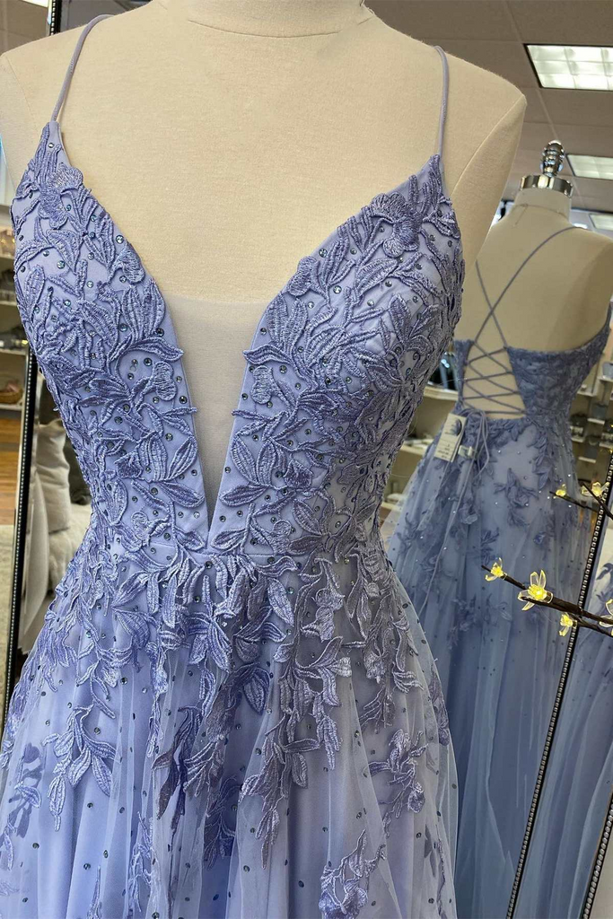 Lavender Tulle V-neckline Long Party Dress, Lavender Straps Prom Dress ...