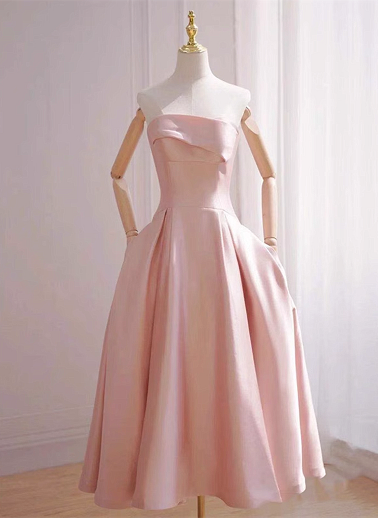 Pink Tea Length Simple Satin Wedding Party Dress, Pink Short Formal Dr ...
