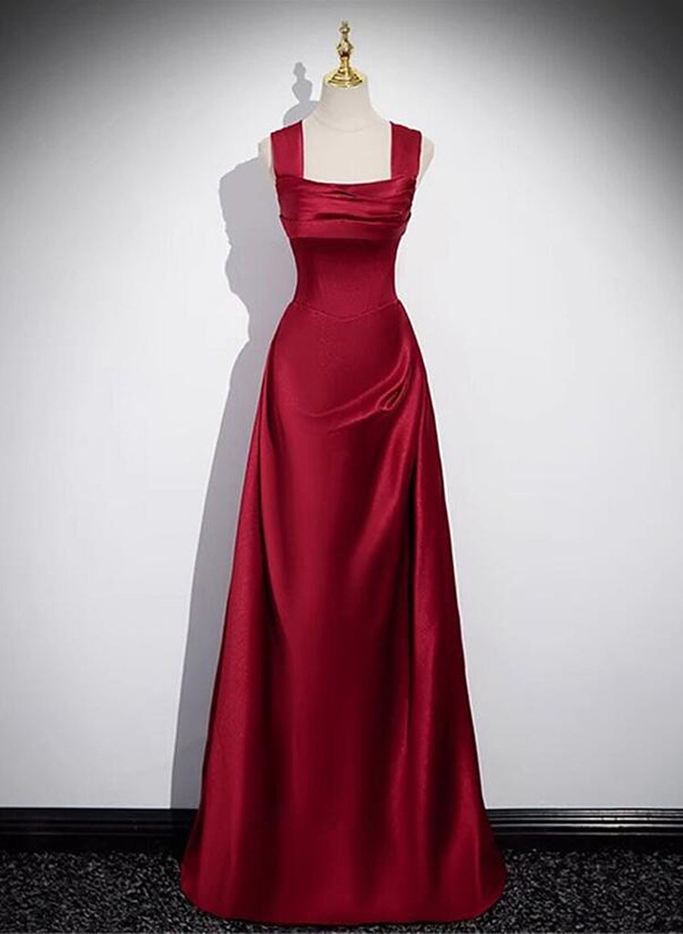 A-line Sleeveless Wine Red Satin Evening Dress, Wine Red Long Prom Dre ...