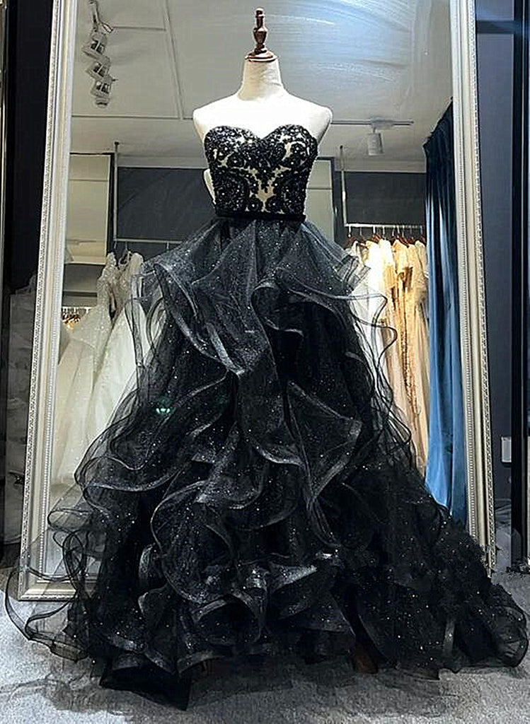 Black Sweetheart Tulle Layers Long Formal Dress, Black Tulle Prom Dres ...