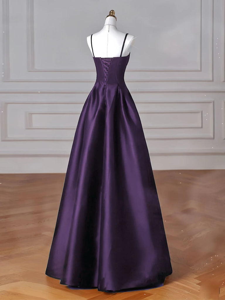 Purple A-line Satin Sweetheart Simple Floor Length Prom Dress, Purple ...
