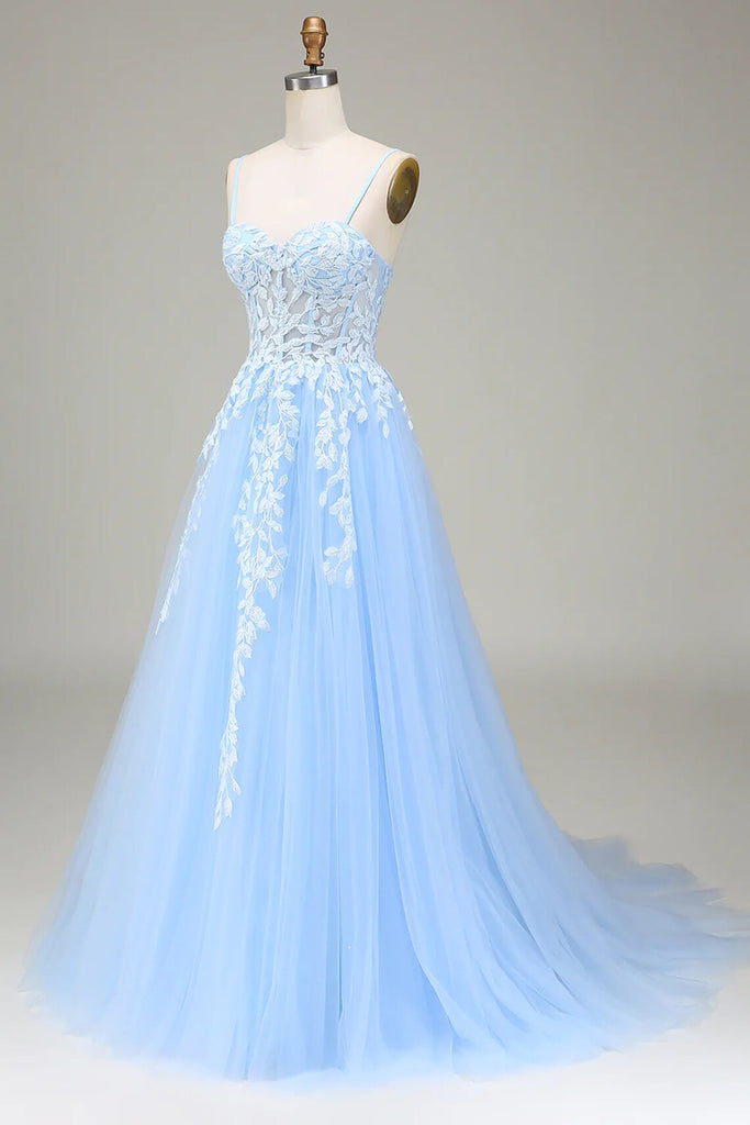 A-line Tulle Blue with Lace Sweetheart Straps Party Dress, Blue Formal ...