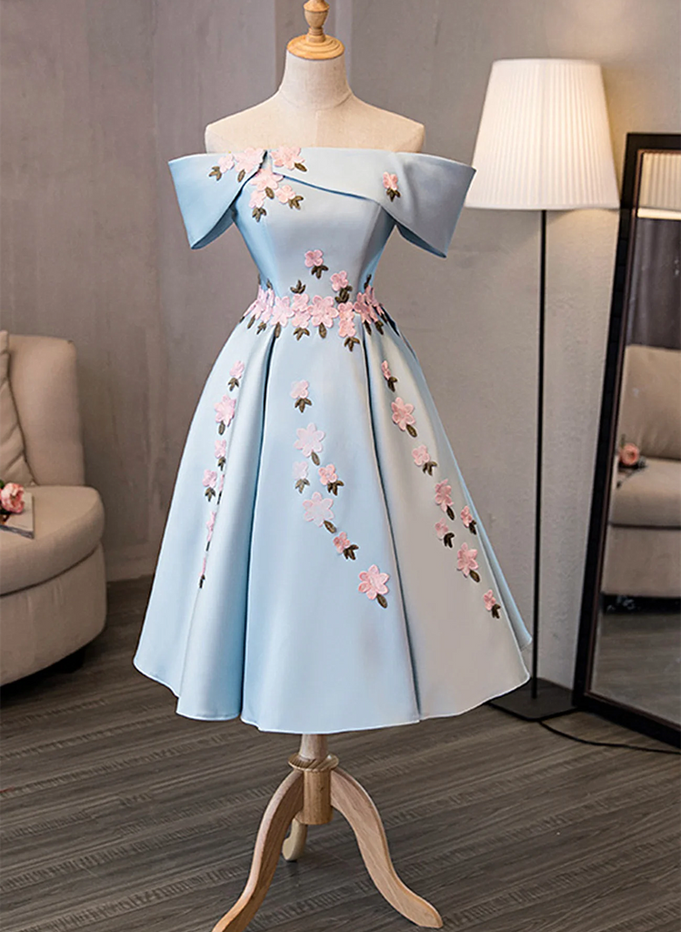 Blue Satin Short Party Dress with Flowers, Blue Knee Length Homecoming ...
