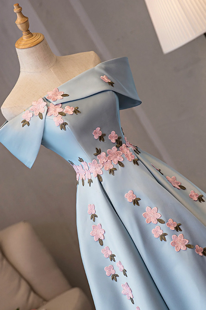 Blue Satin Short Party Dress with Flowers, Blue Knee Length Homecoming ...