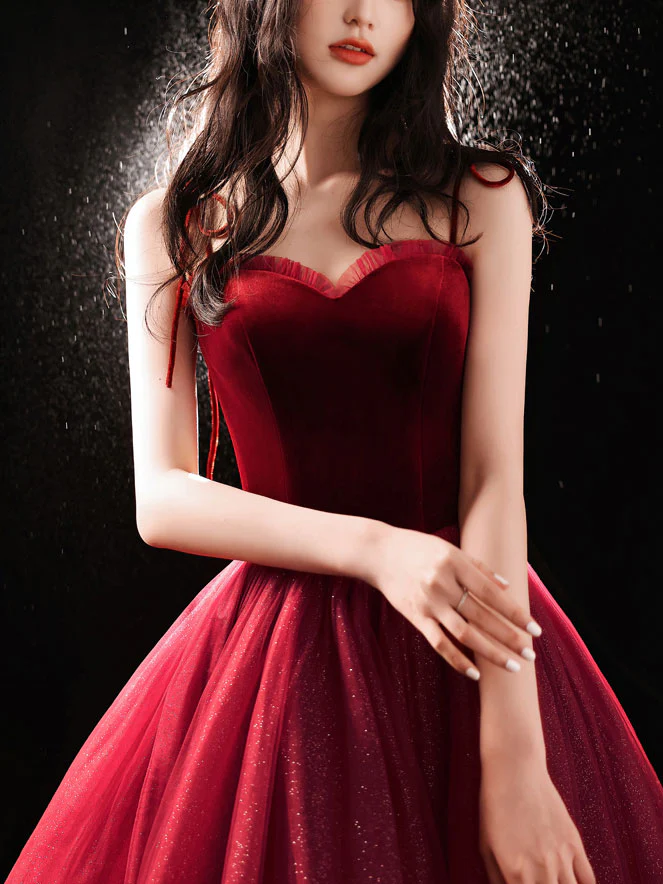 Cute Wine Red Velvet and Tulle Homecoming Dress, Wine Red Straps Party ...