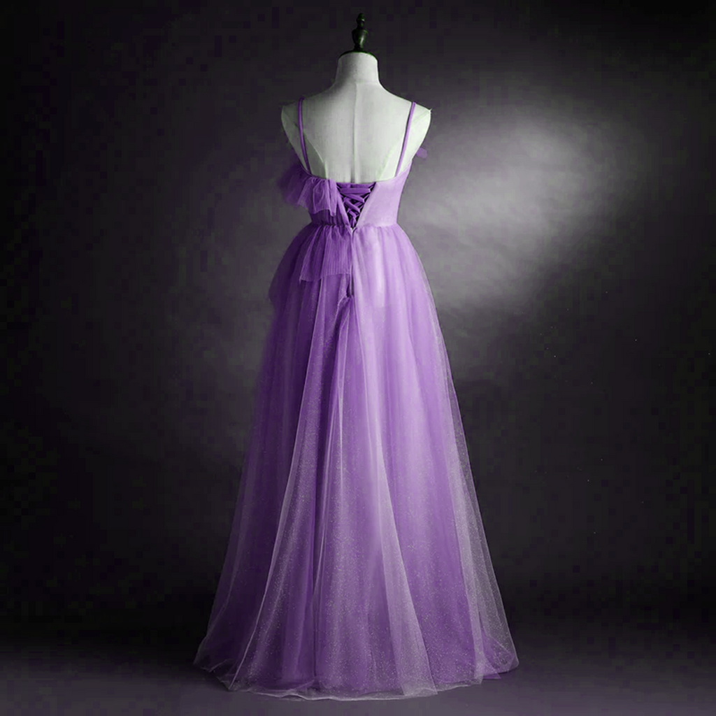 Purple Tulle A-line Straps Long Formal Dress, Purple Floor Length Prom ...