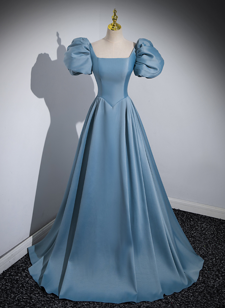 A-line Blue Satin Short Sleeves Long Party Dress, Blue Short Sleeves P ...