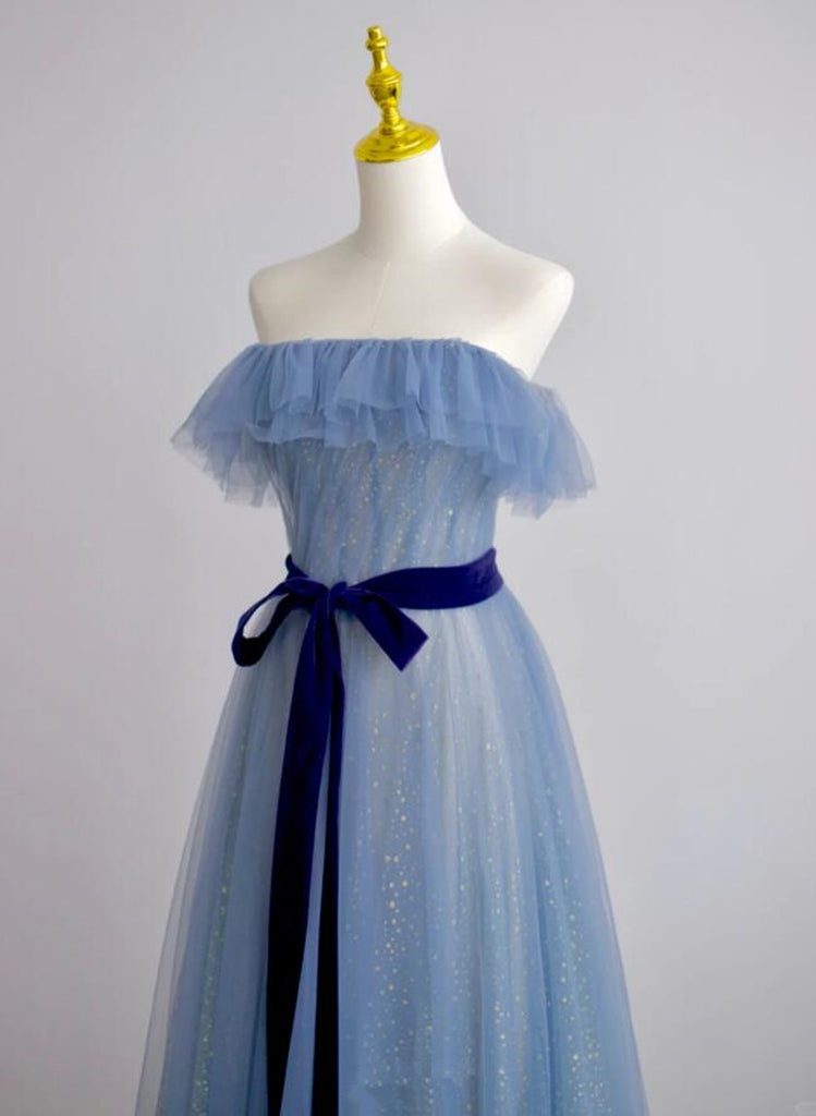 A-line Blue Tulle Scoop Long Formal Dress with Belt, Blue Long Evening ...