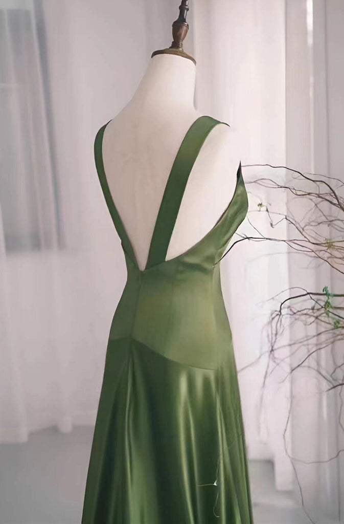 A-line Green Satin V-neckline Low Back Prom Dress, Green Evening Dress ...