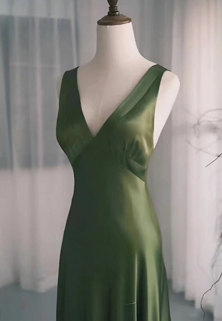A-line Green Satin V-neckline Low Back Prom Dress, Green Evening Dress ...