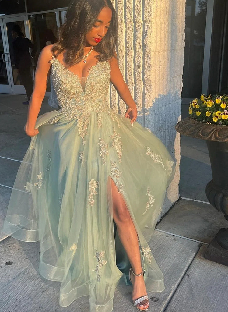 A-line Green Tulle with Lace Applique Party Dress, Green Tulle Prom Dr ...