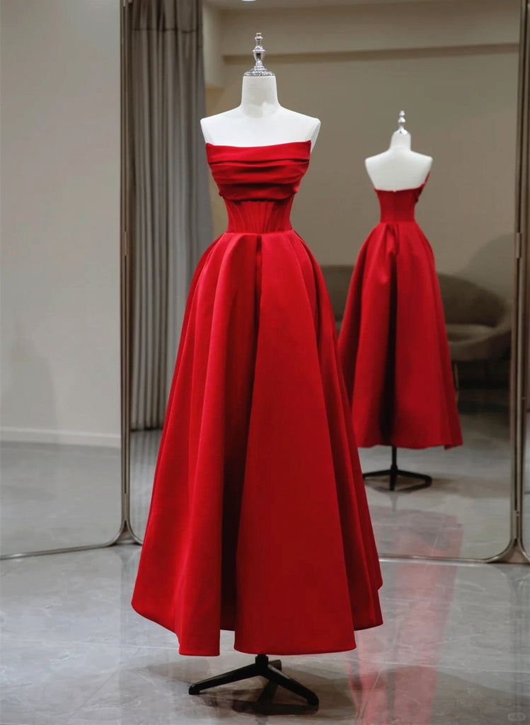 Red Satin A-line Long Evening Dress Prom Dress, Red Satin Wedding Part ...