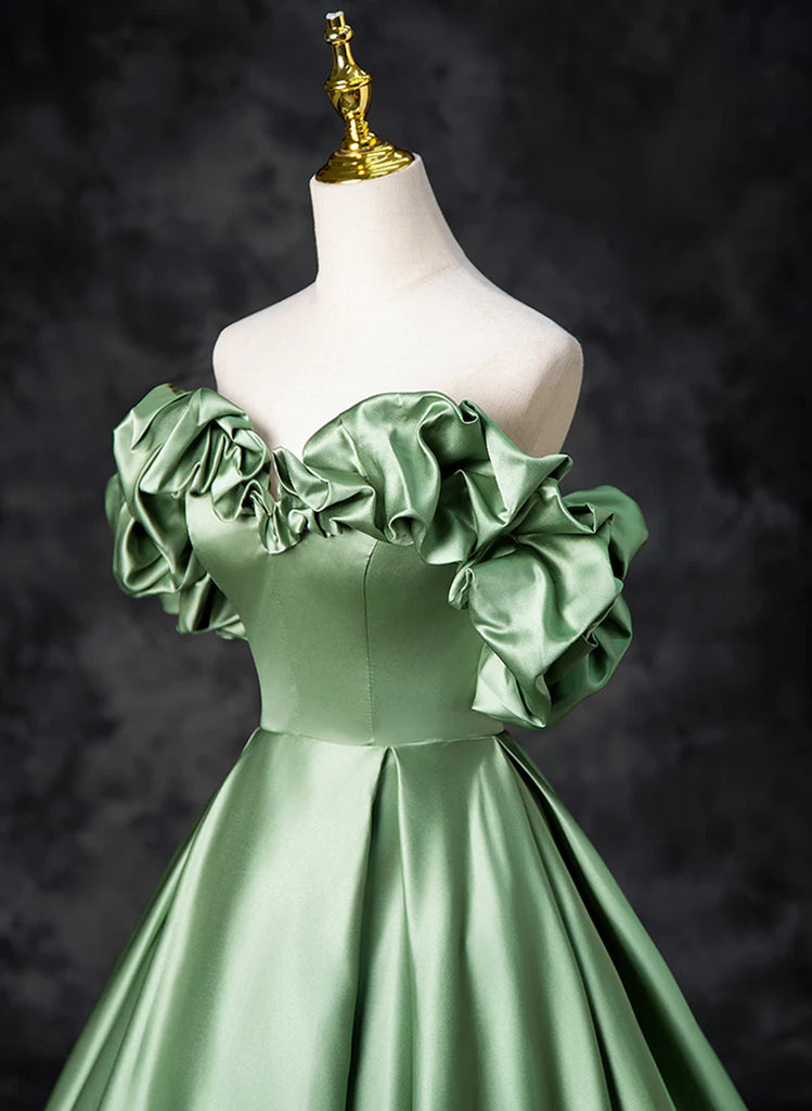 A-line Green Satin Off Shoulder Long Party Dress, Green Satin Prom Dre ...