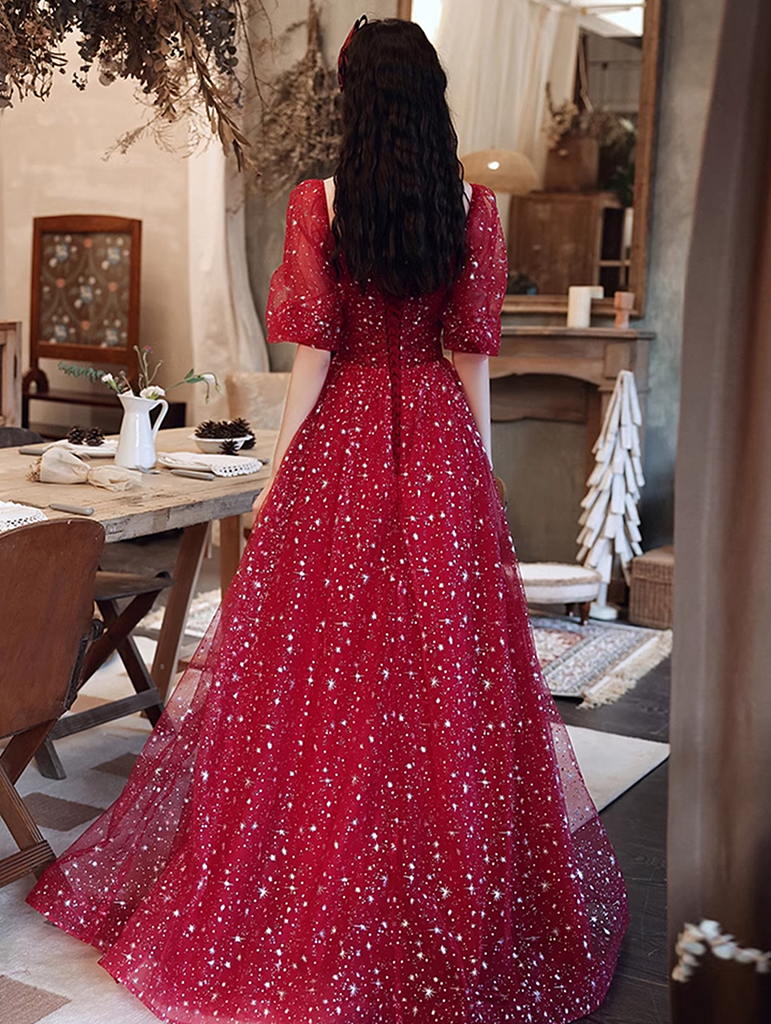 Dark Red Short Sleeves Sweetheart Tulle Prom Dress, A-line Dark Red Fo ...