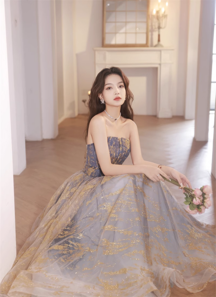 A-line Blue Gradient Tulle Lace-up Formal Dress, Blue Floor Length Pro ...