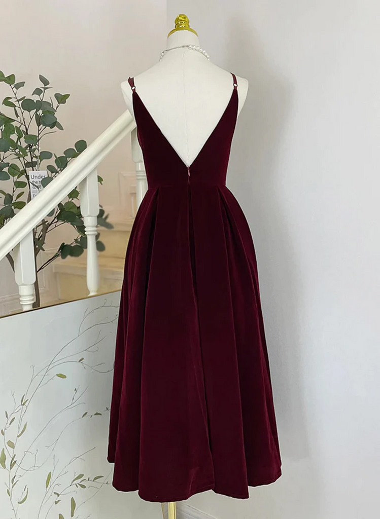 Wine Red Velvet Tea Length Homecoming Dress, Wine Red V-neckline Party ...