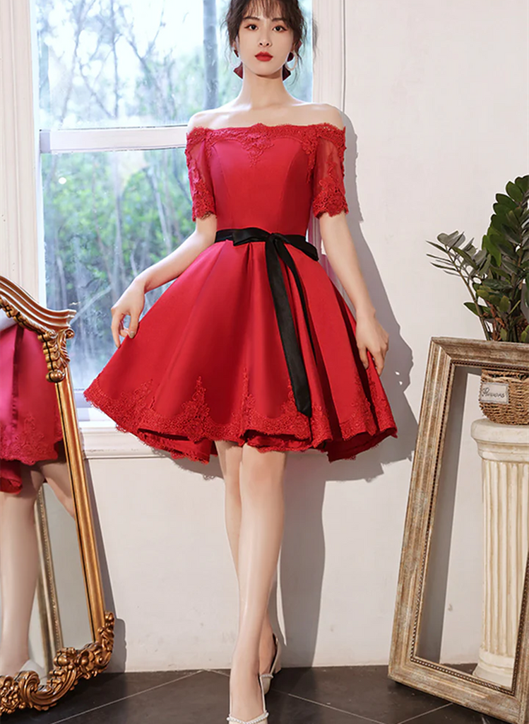 Red Satin Knee Length with Lace Party Dress, Red Short Homecoming Dres ...