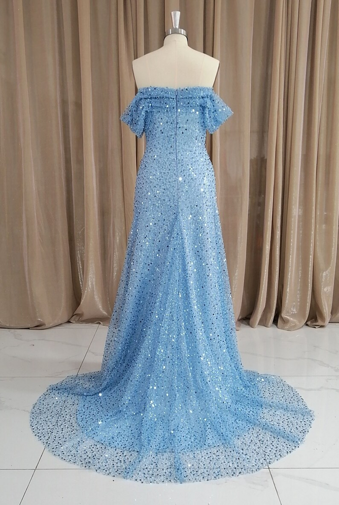 Blue Sequins Off Shoulder Sweep Train Party Dress, Blue Sweetheart Lon ...