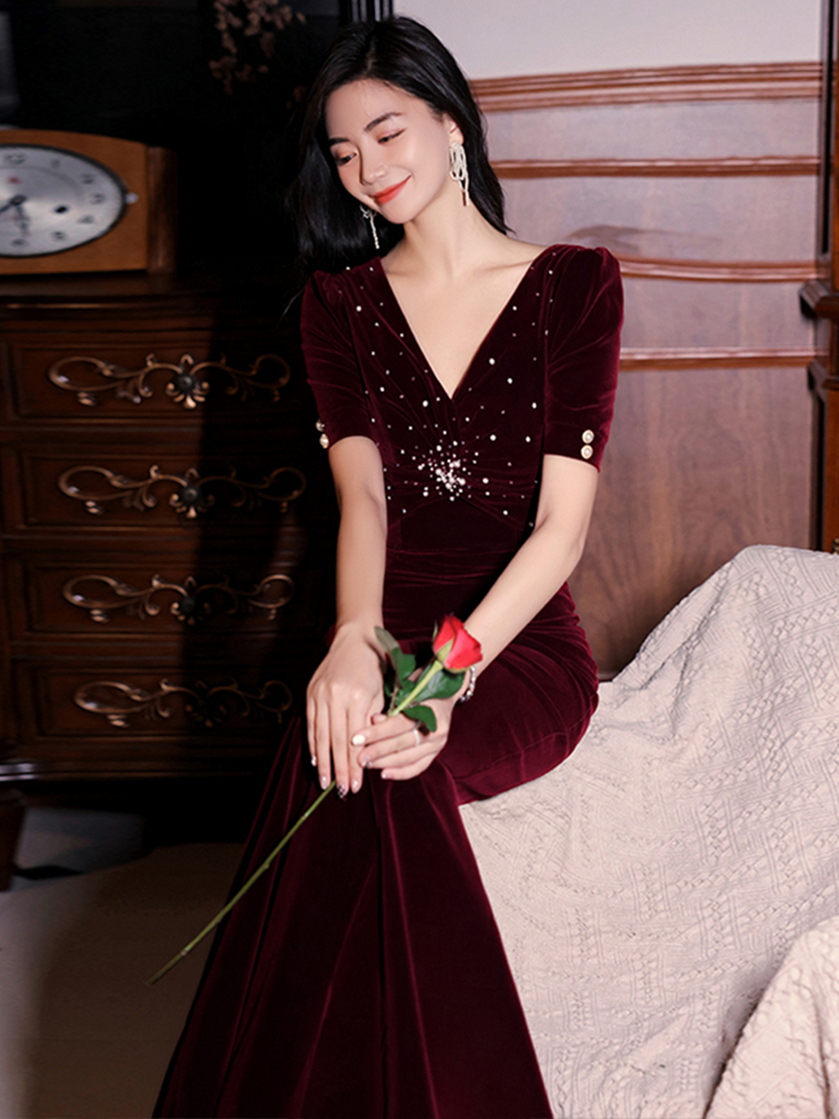 Wine Red Velvet Beaded Short Sleeves Long Party Dress, Wine Red Mermai ...
